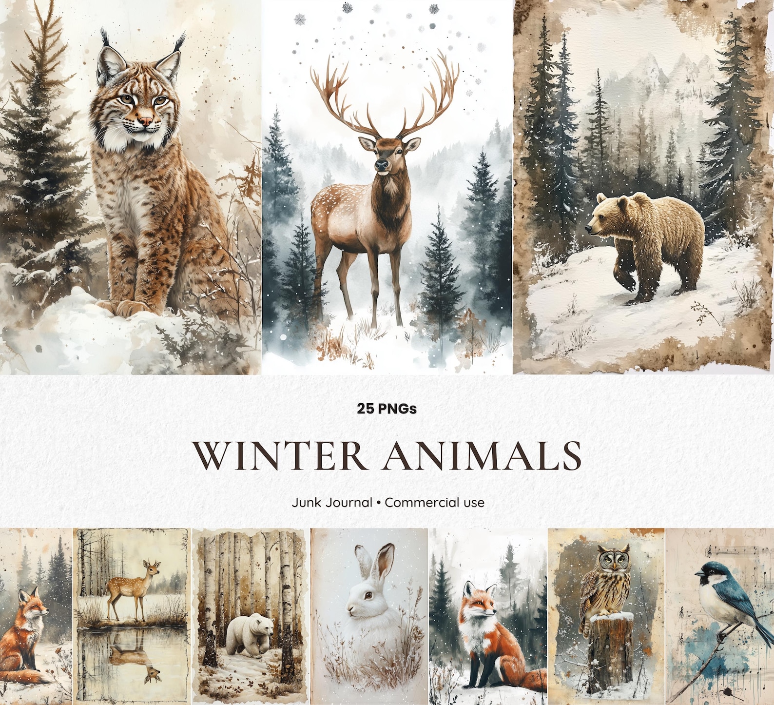 25 PNG Winter Animals Clipart Woodland Forest Deer Fox Bear Rabbit Owl ...