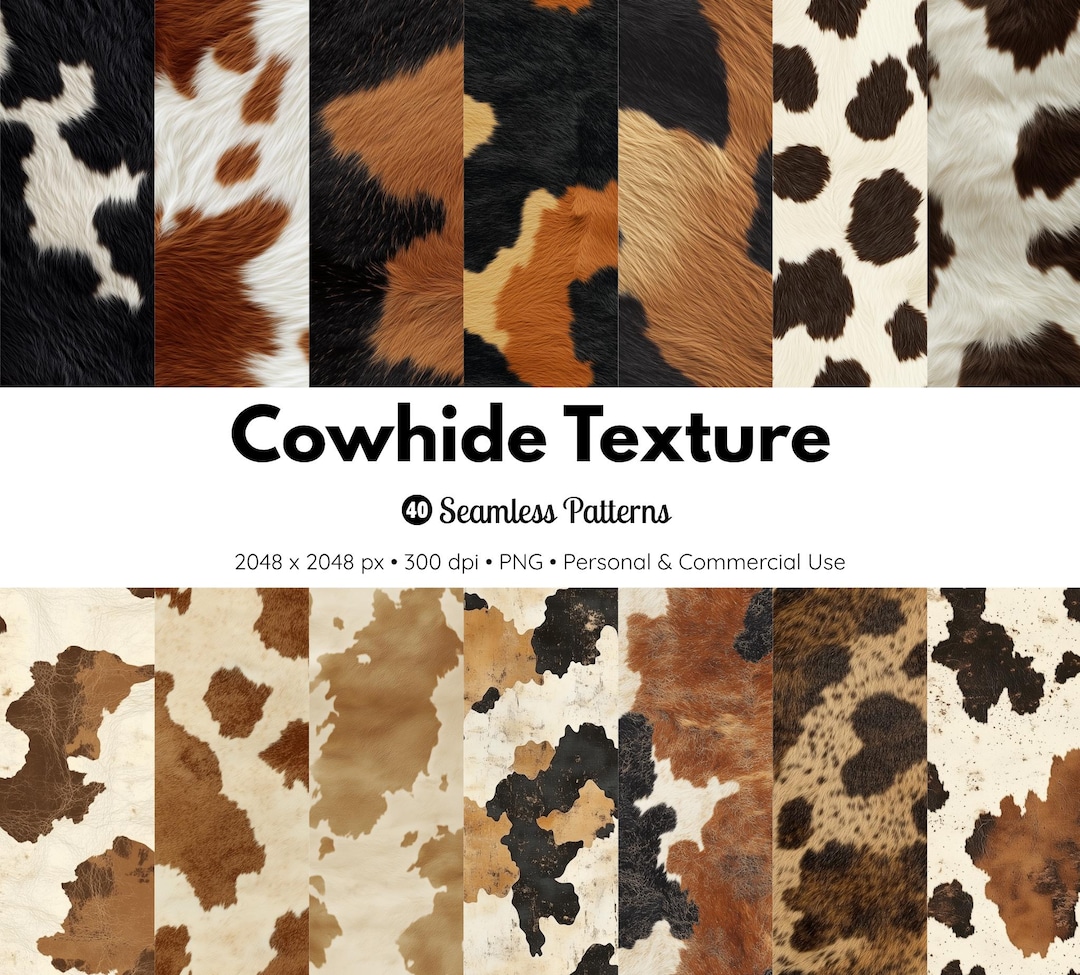 Cowhide Print Digital Paper: 40 Seamless Rustic Fur Textures (digital ...