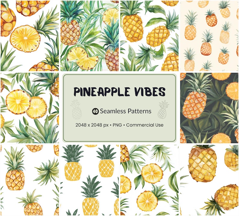 Watercolor Pineapple Seamless Patterns: Tropical PNG Backgrounds ...