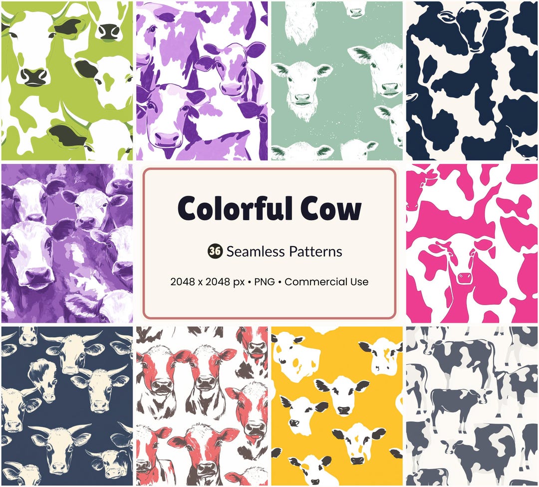 Colorful Cow Seamless Patterns: Funky Farm Animal Print (PNG Digital ...