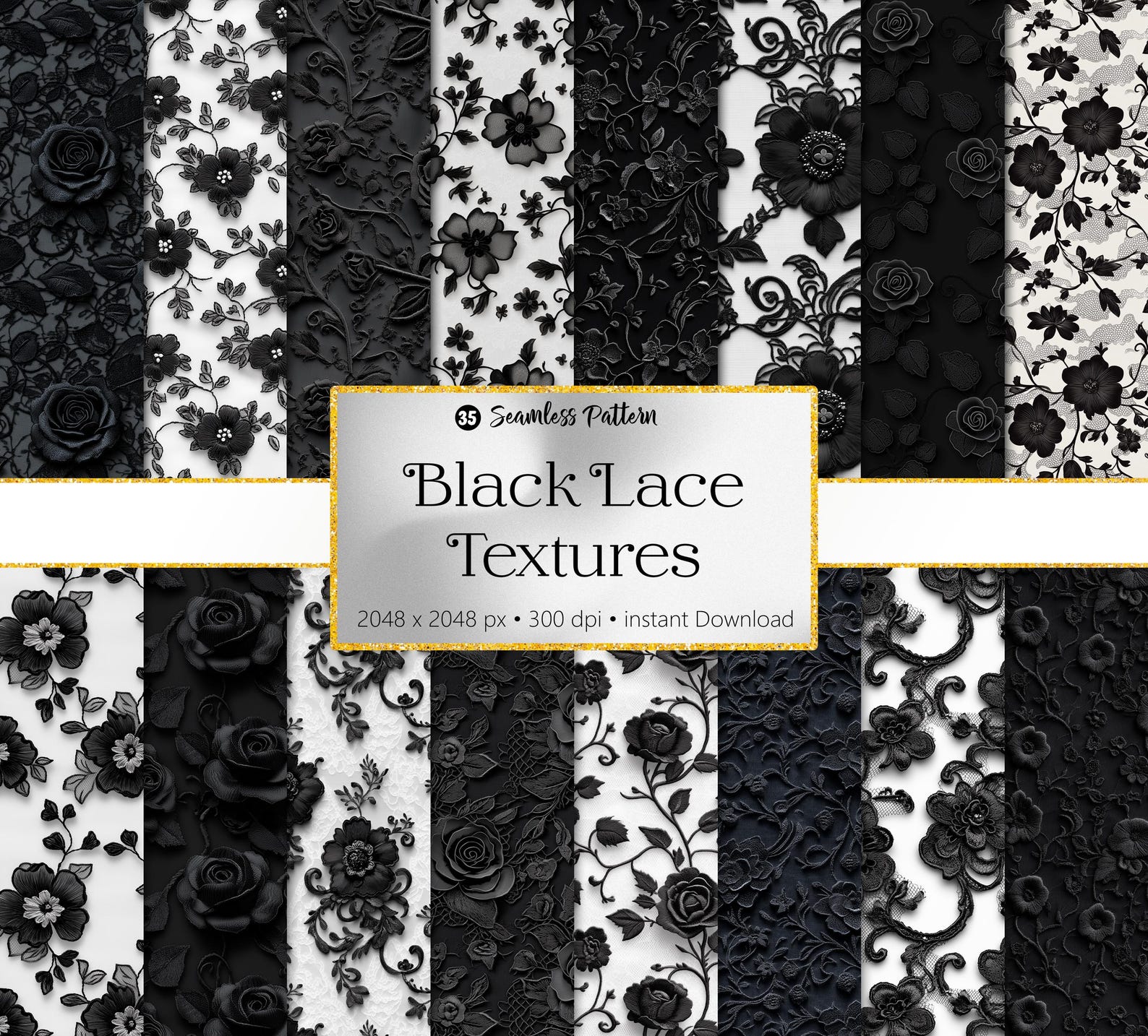 Black Lace Digital Paper Bundle – 35 Seamless Floral Lace Textures ...