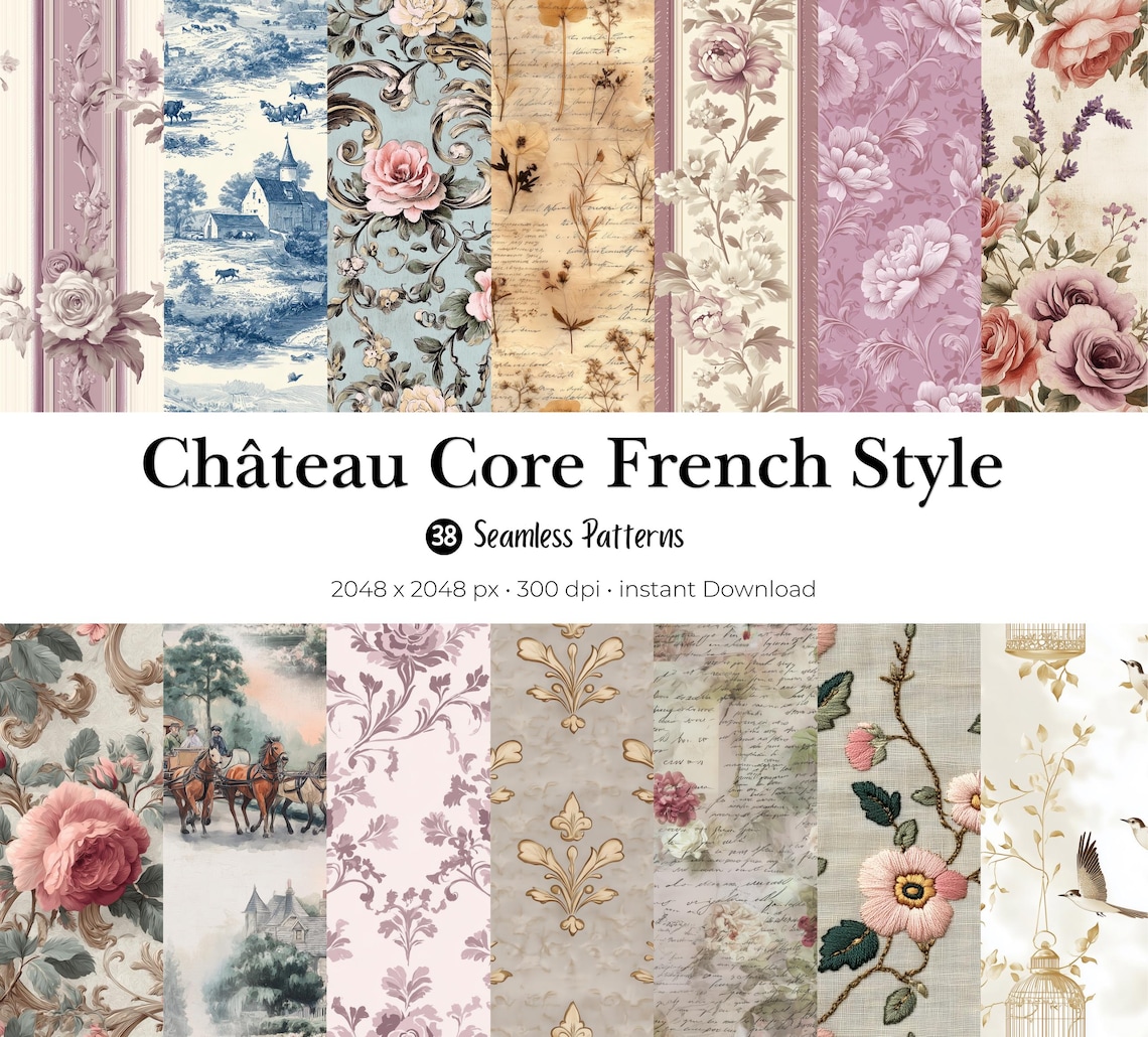 French Style Digital Paper: Vintage Château Patterns (38 PNG Files, 300 ...
