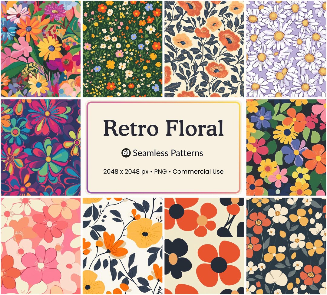 Retro Floral Seamless Patterns: 70s Groovy Digital Paper (commercial ...