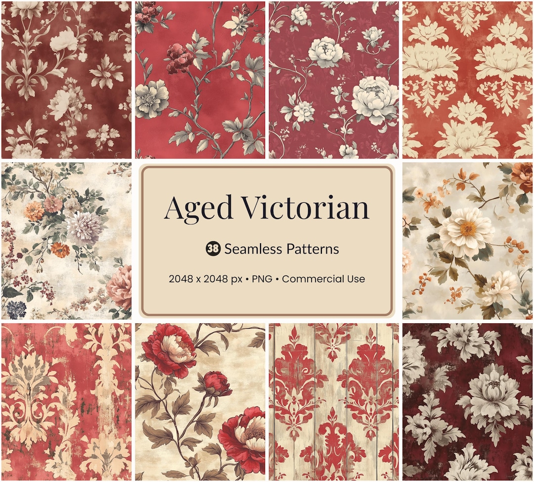 38 Aged Victorian Seamless Patterns, Vintage Floral Damask Digital ...