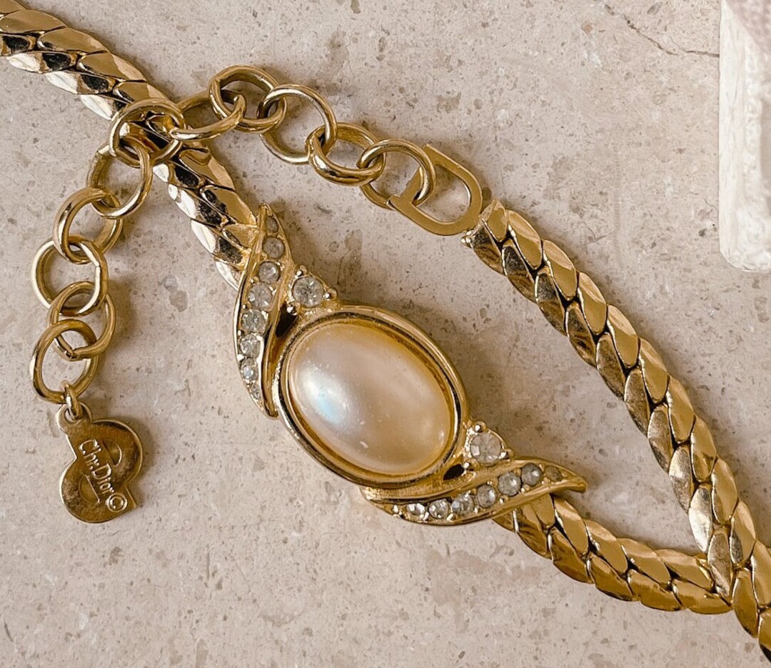 Vintage Dior Gold Snake Chain Choker With Pearl and Crystal Centrepiece ...
