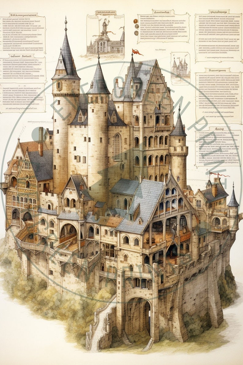 Medieval Castle Architectural Diagram - Digital Download Printable Art ...
