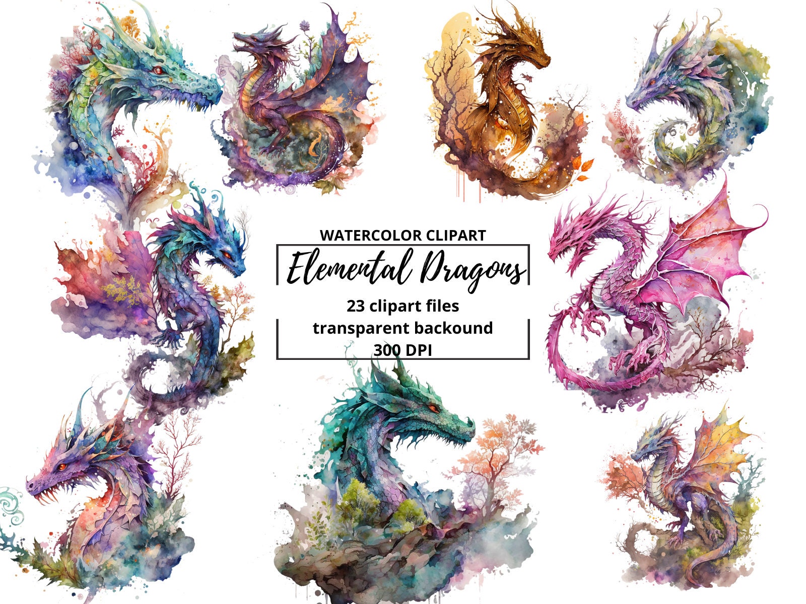 Fairytale Dragons Watercolor Clipart, Magical Elemental Fantasy ...