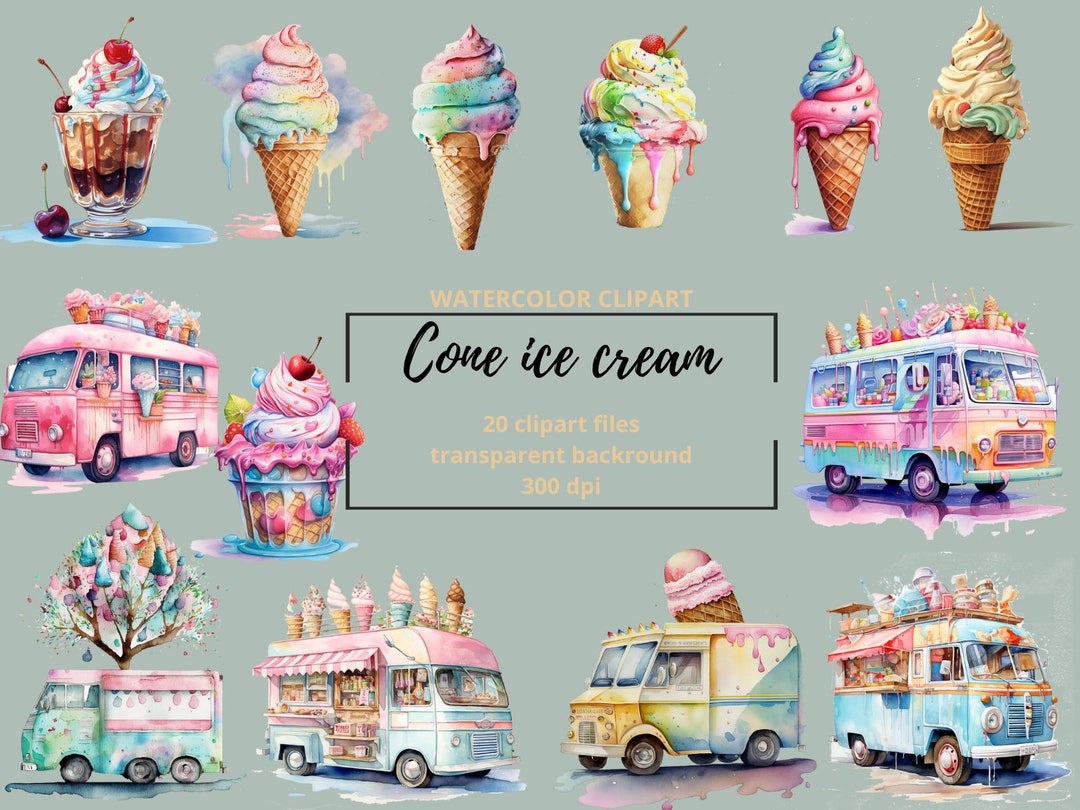 Watercolor Cone Ice Cream Clipart, Ice Cream Truck, Cones Sundaes ...