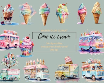 Watercolor Ice Cream Clipart, Cones and Sundaes, Ice Cream Truck ...