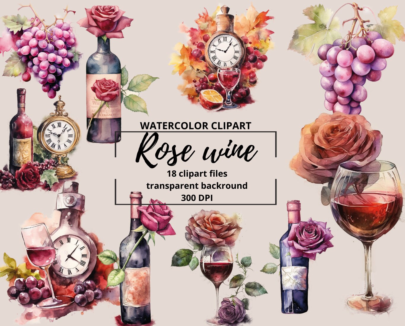 Watercolor Rose Wine Clipart Wine Grapes Roses Wine - Etsy