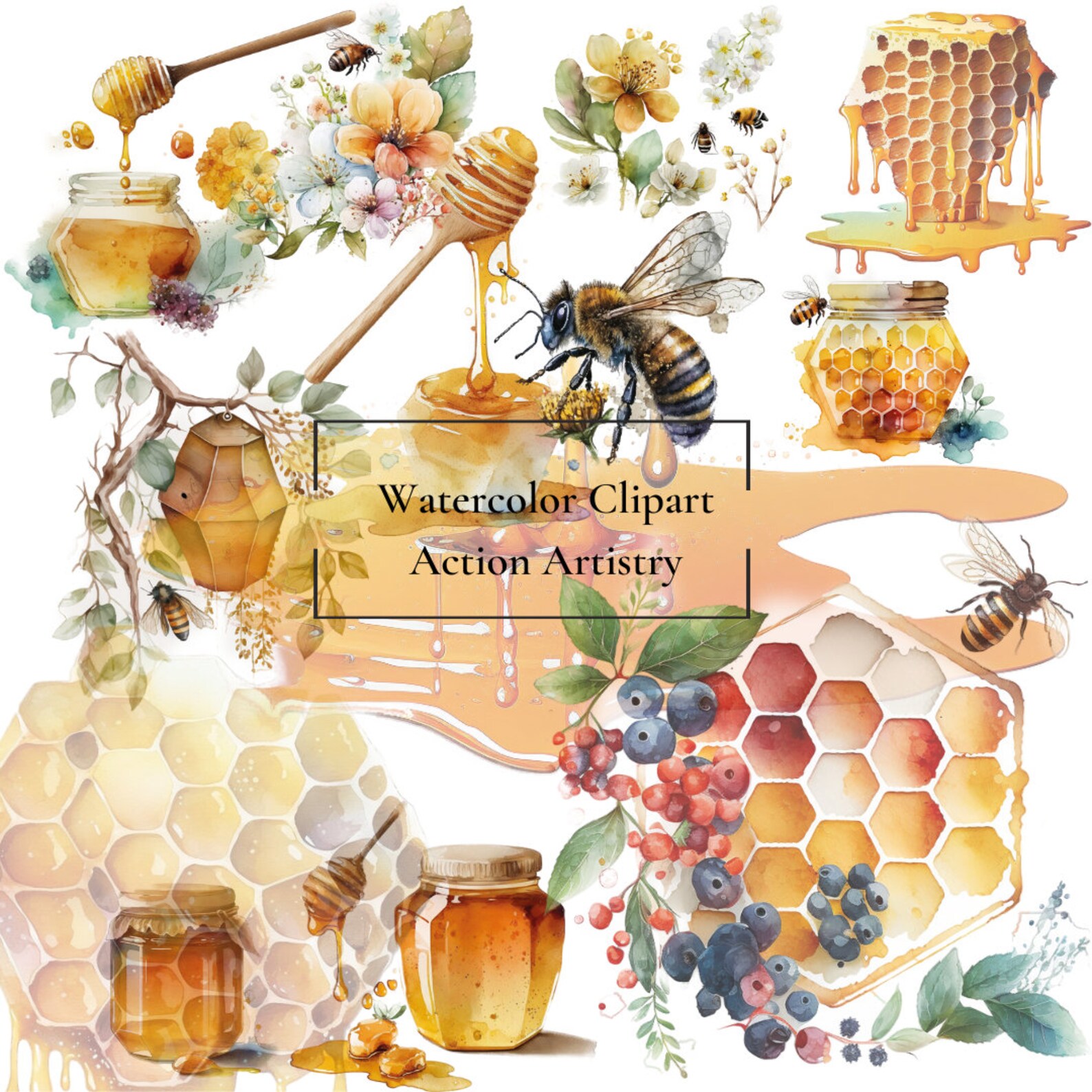 Watercolor Honey Bee Clipart, Watercolor Bee Clip Art, Spring Honey Bee ...