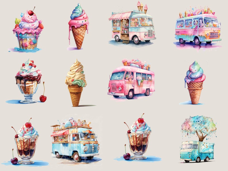 Watercolor Cone Ice Cream Clipart, Ice Cream Truck, Cones Sundaes ...