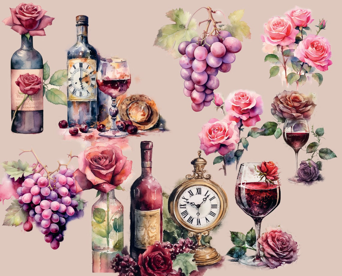 Watercolor Rose Wine Clipart Wine Grapes Roses Wine - Etsy