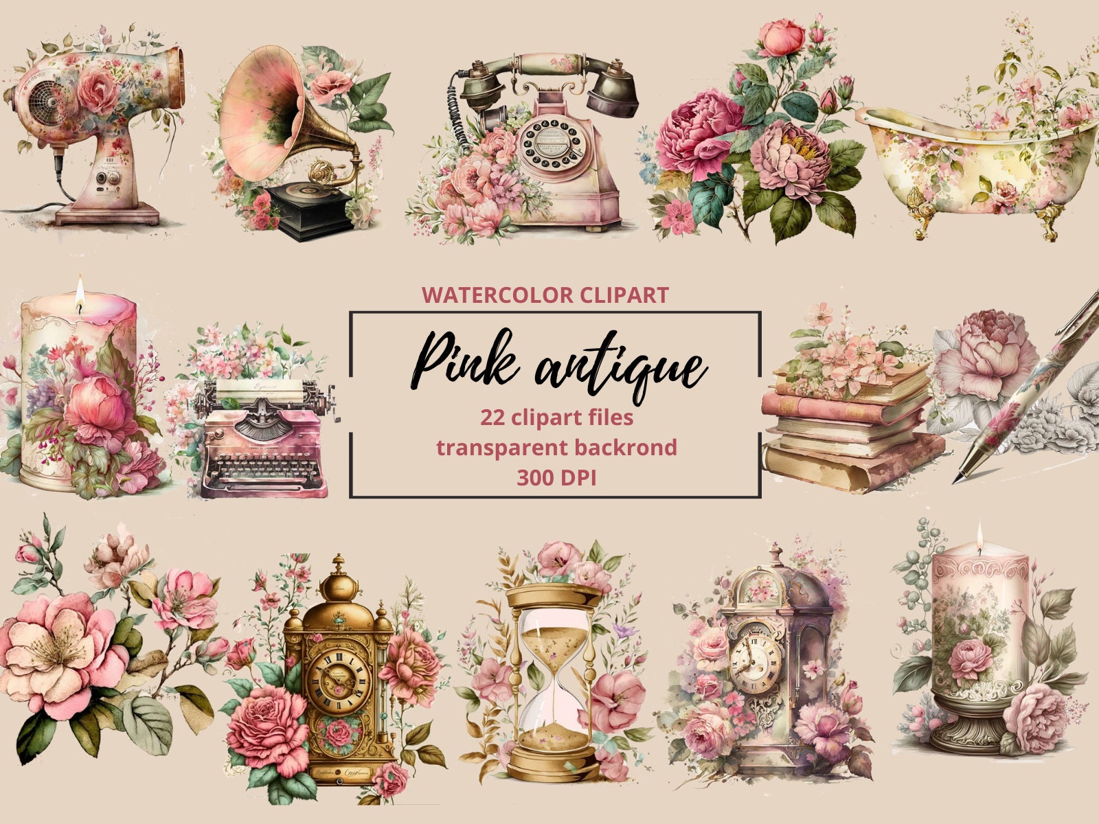 Watercolor Pink Antique Clipart, Floral Vintage PNG, Commecrial Use ...