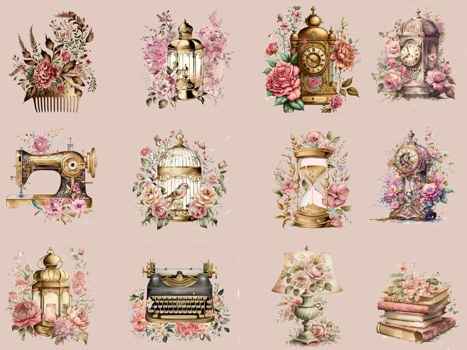 Watercolor Pink Antique Clipart, Floral Vintage PNG, Commecrial Use ...