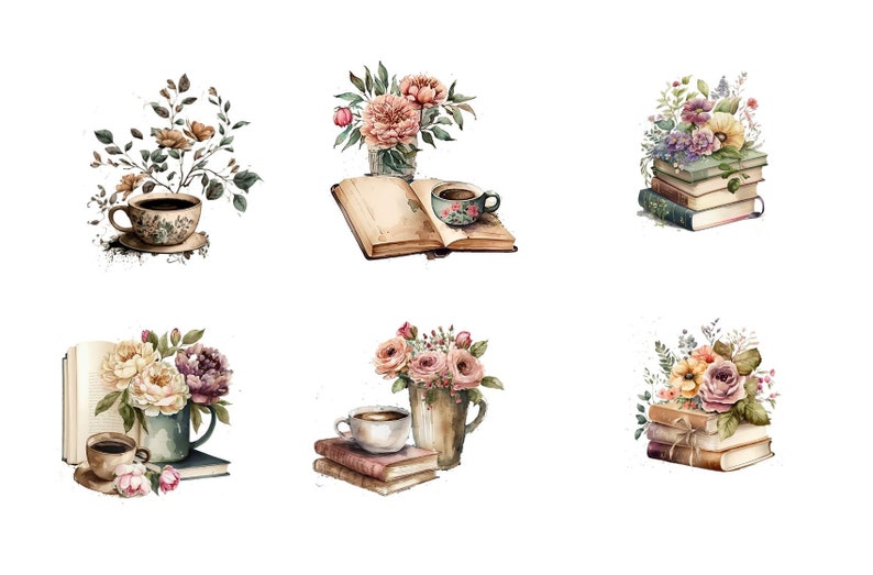 Watercolor Coffee and Books Clipart, Rustic Floral Desk Scenes in PNG ...
