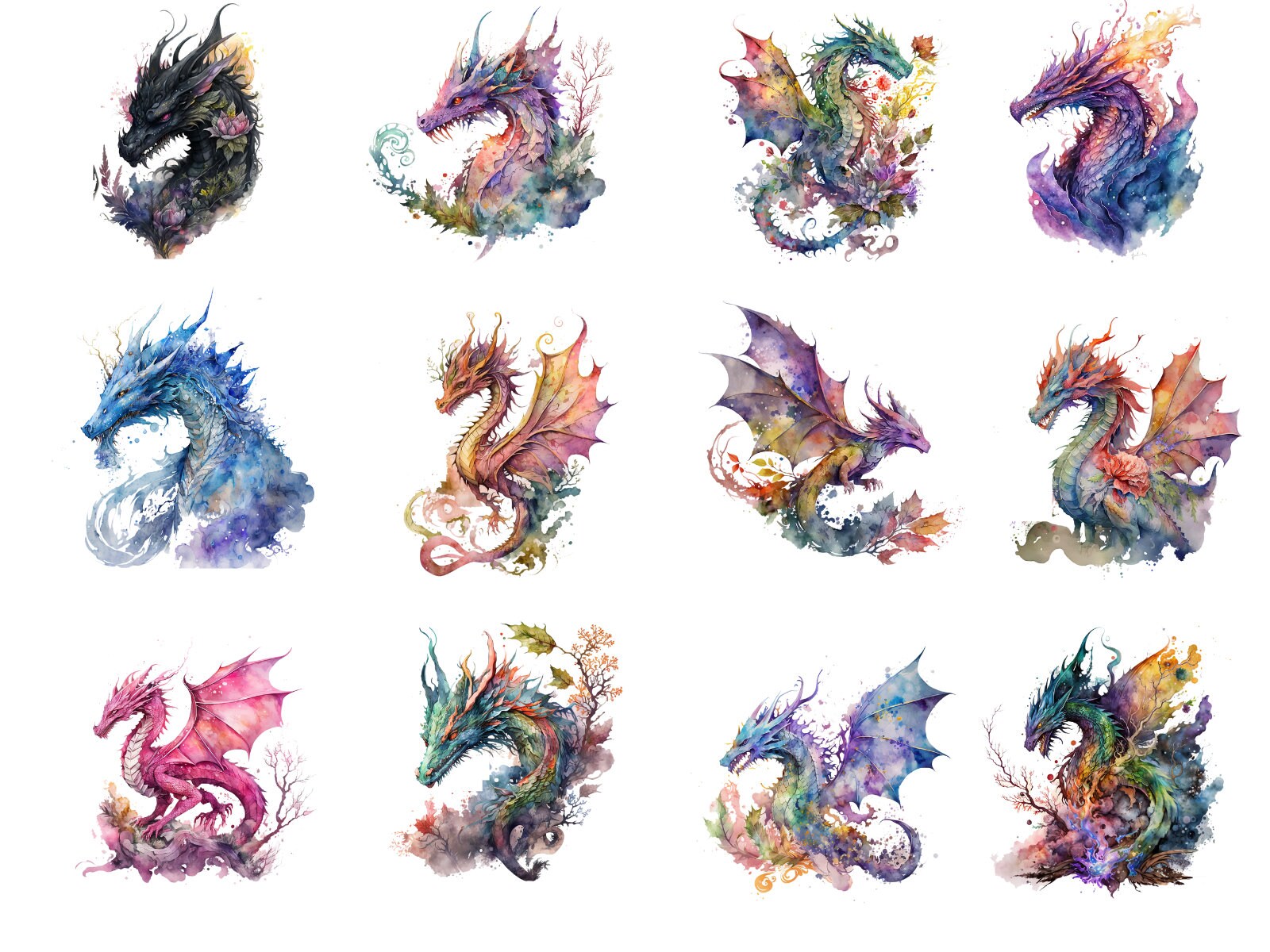 Fairytale Dragons Watercolor Clipart, Magical Elemental Fantasy ...