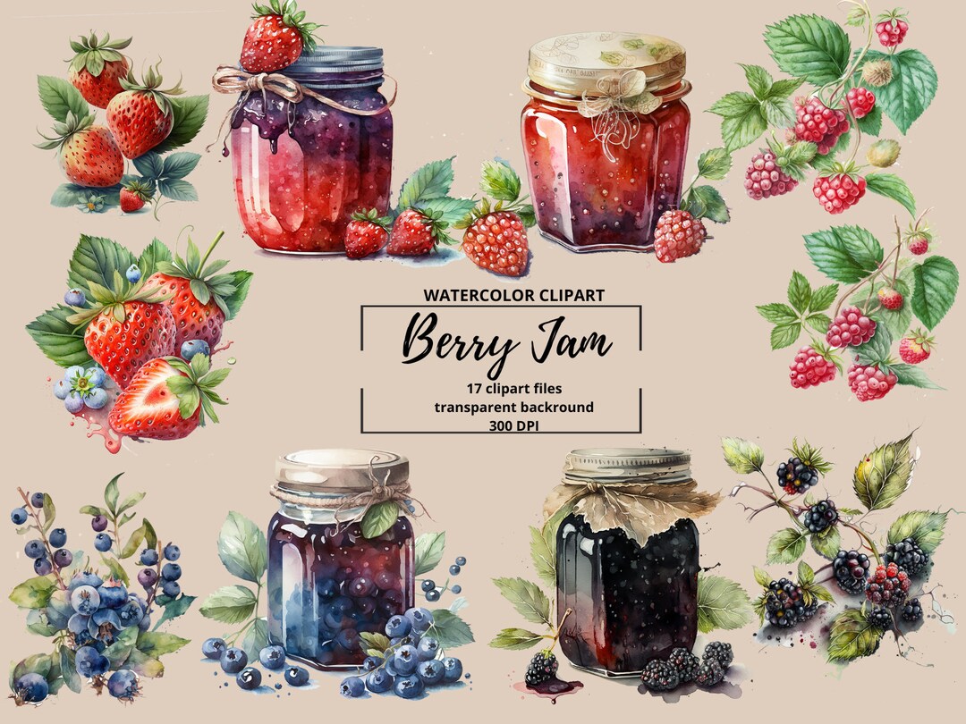 Watercolor Berry Jam Clipart, Fruit, Strawberries, Raspberries ...