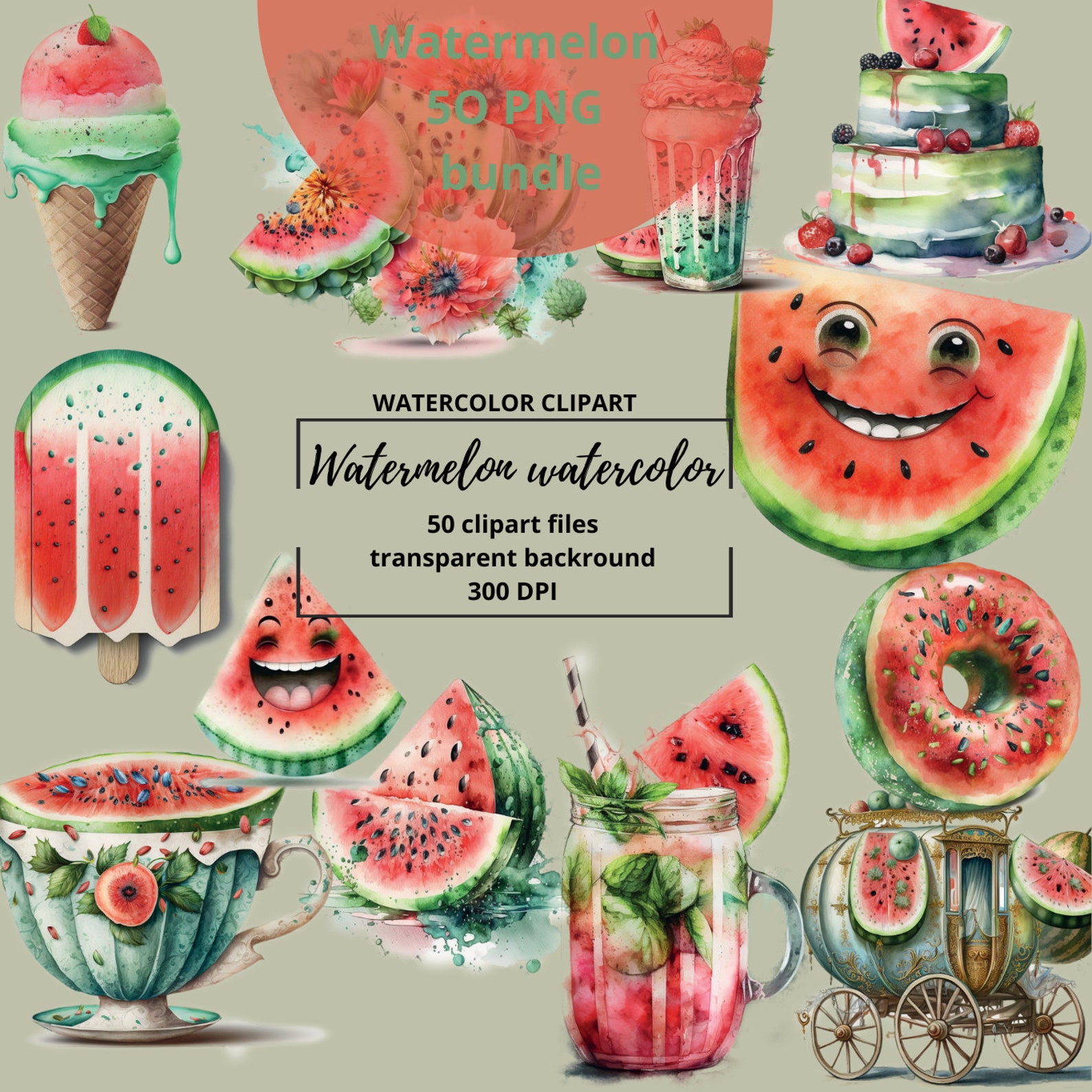 Watermelon Watercolor, Clipart Bundle, Digital Png Summer, for Instant ...
