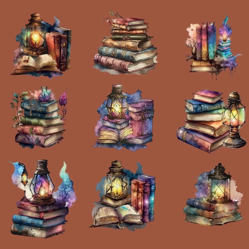 Watercolor Fantasy Books Clipart, Fantasy Books Stacks and Lanterns ...