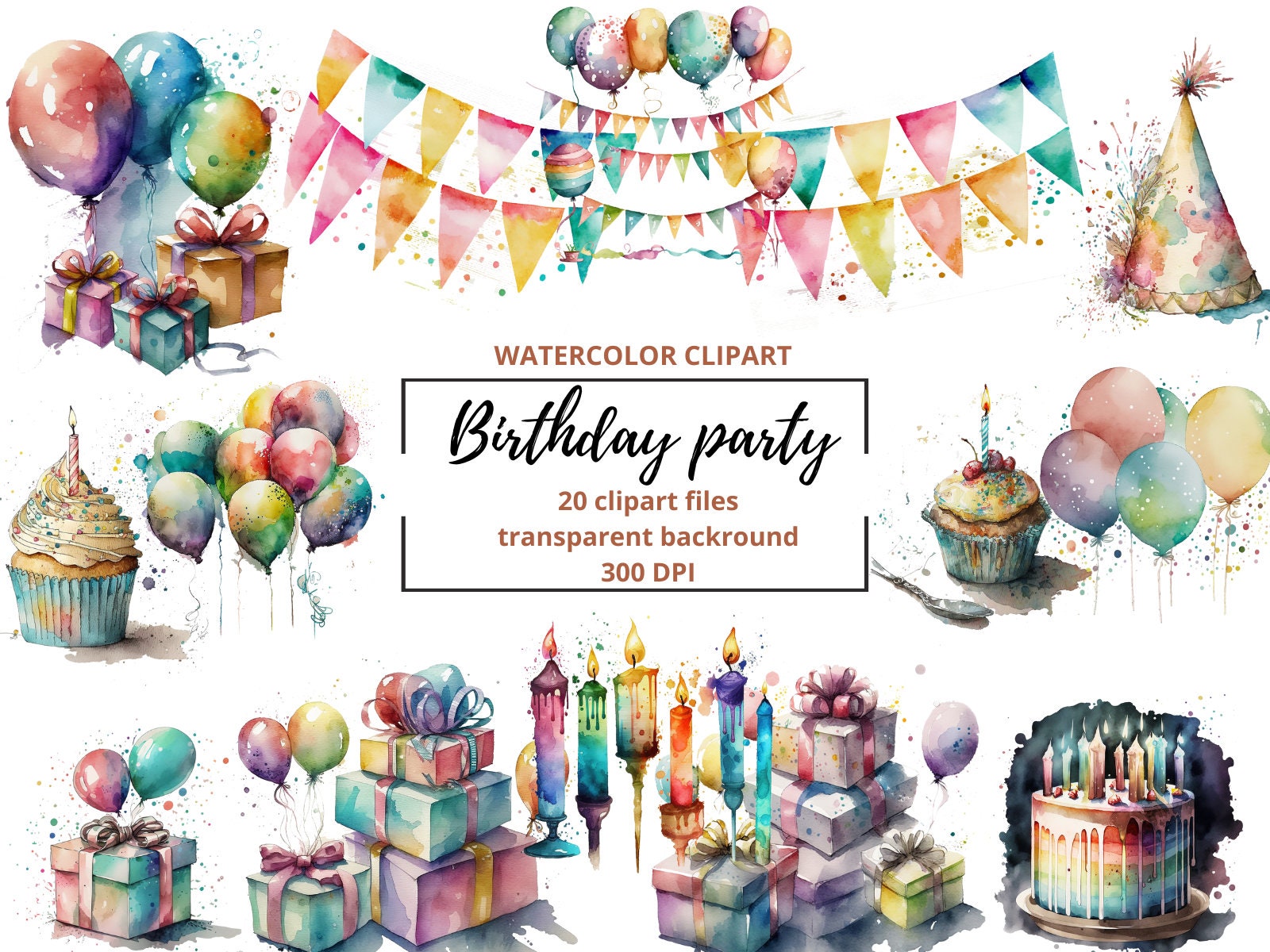 Watercolor Birthday Party Clipart, Cake Presents Balloons Candles ...