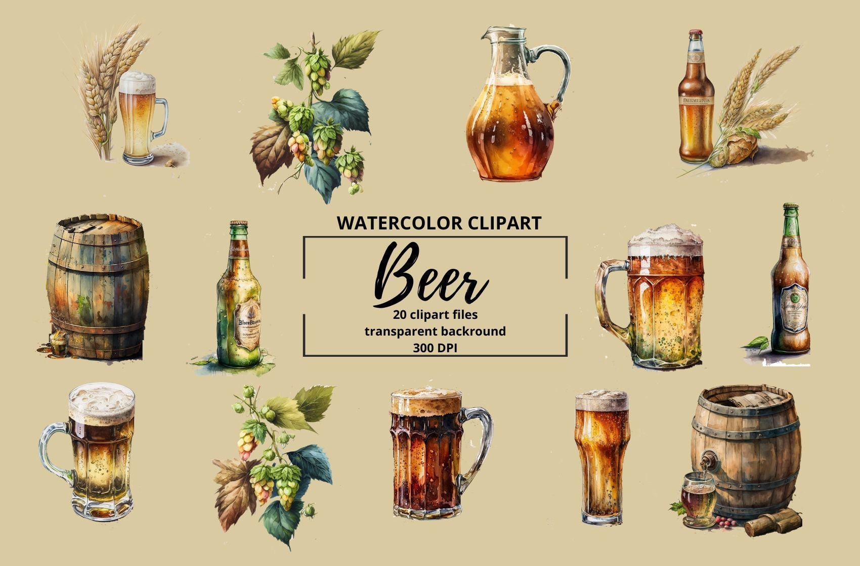 Watercolor Beer Clipart, Digital Beer, Barrels Wheat and Hops Png ...