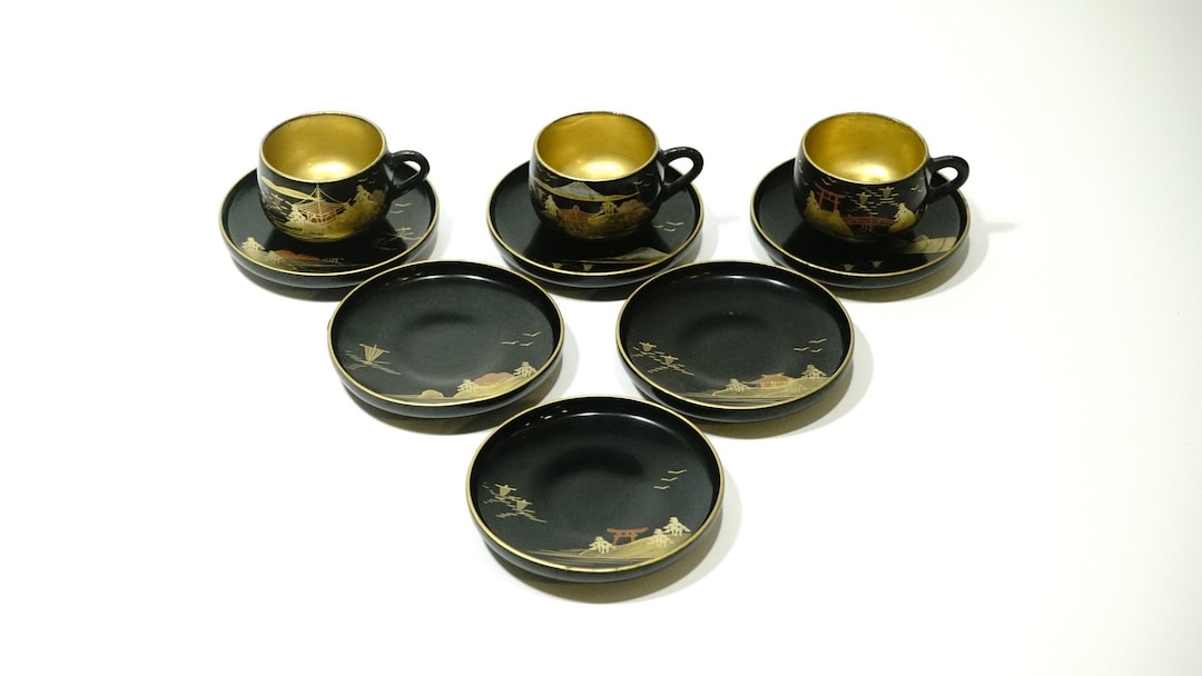 Vintage Japanese Fine Lacquerware Tea Set 3 Cups 6 Saucers Black ...