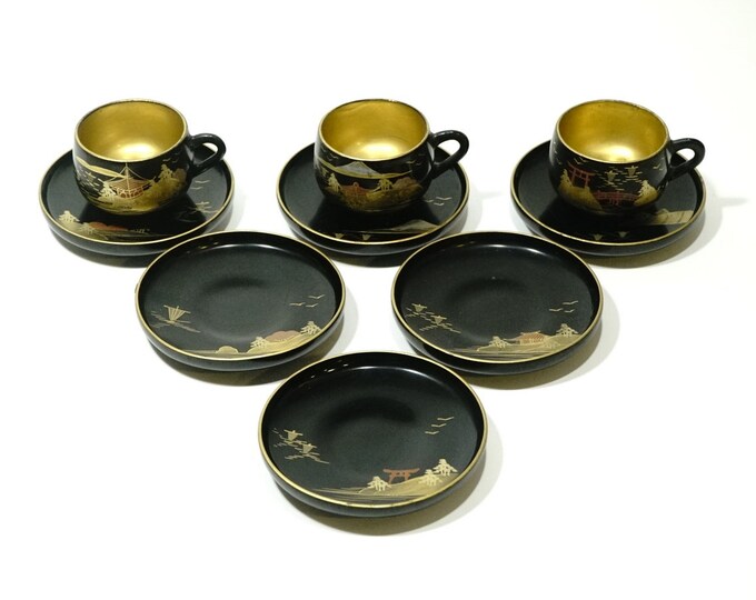 Vintage Japanese Fine Lacquerware Tea Set 3 Cups 6 Saucers Black ...