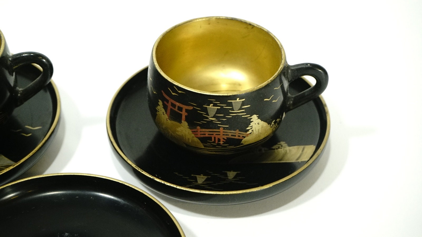 Vintage Japanese Fine Lacquerware Tea Set 3 Cups 6 Saucers Black ...