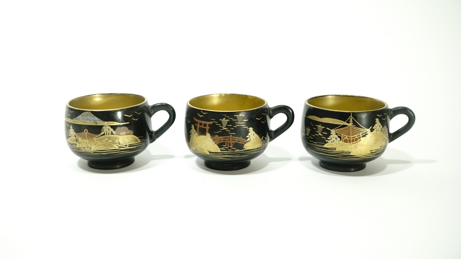 Vintage Japanese Fine Lacquerware Tea Set 3 Cups 6 Saucers Black ...