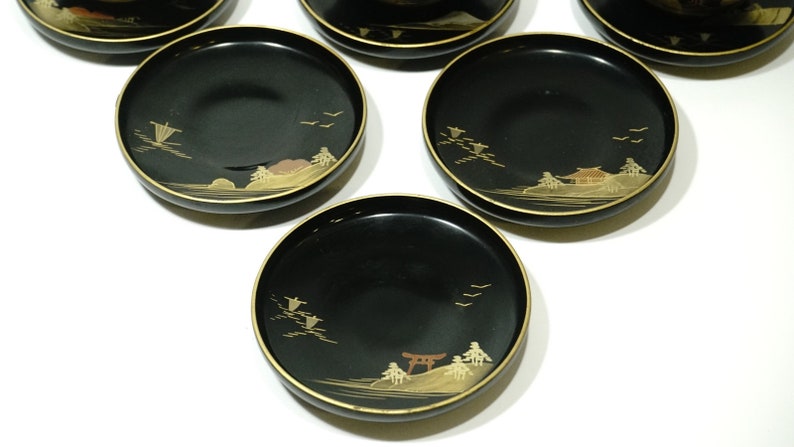 Vintage Japanese Fine Lacquerware Tea Set 3 Cups 6 Saucers Black ...