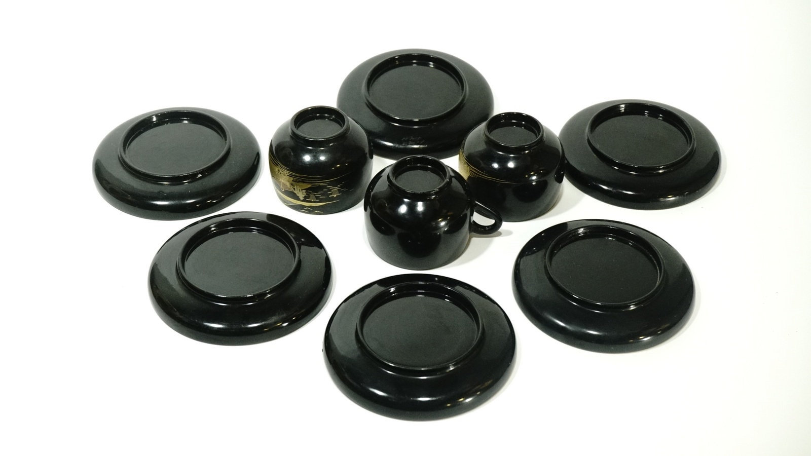 Vintage Japanese Fine Lacquerware Tea Set 3 Cups 6 Saucers Black ...