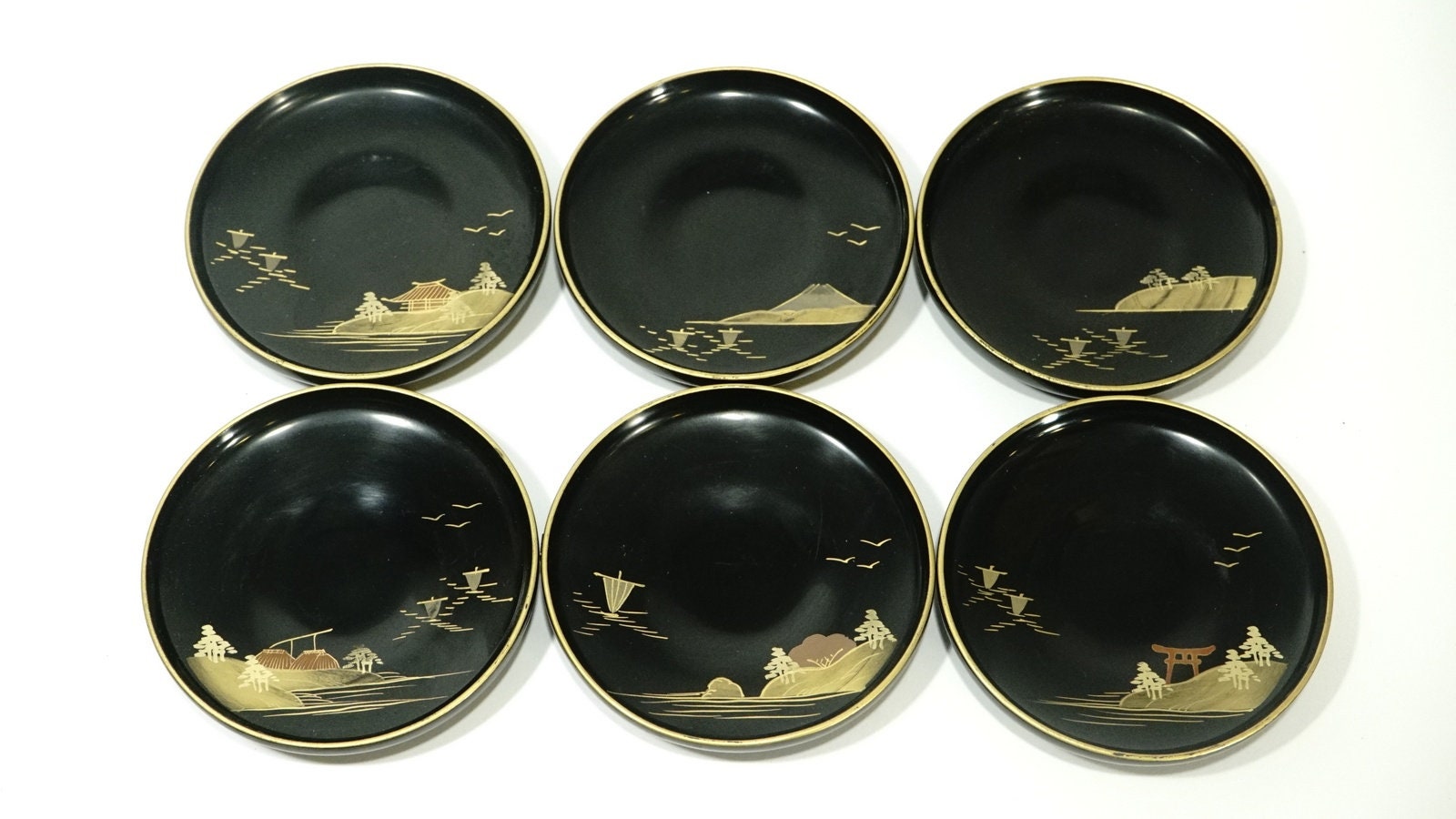 Vintage Japanese Fine Lacquerware Tea Set 3 Cups 6 Saucers Black ...