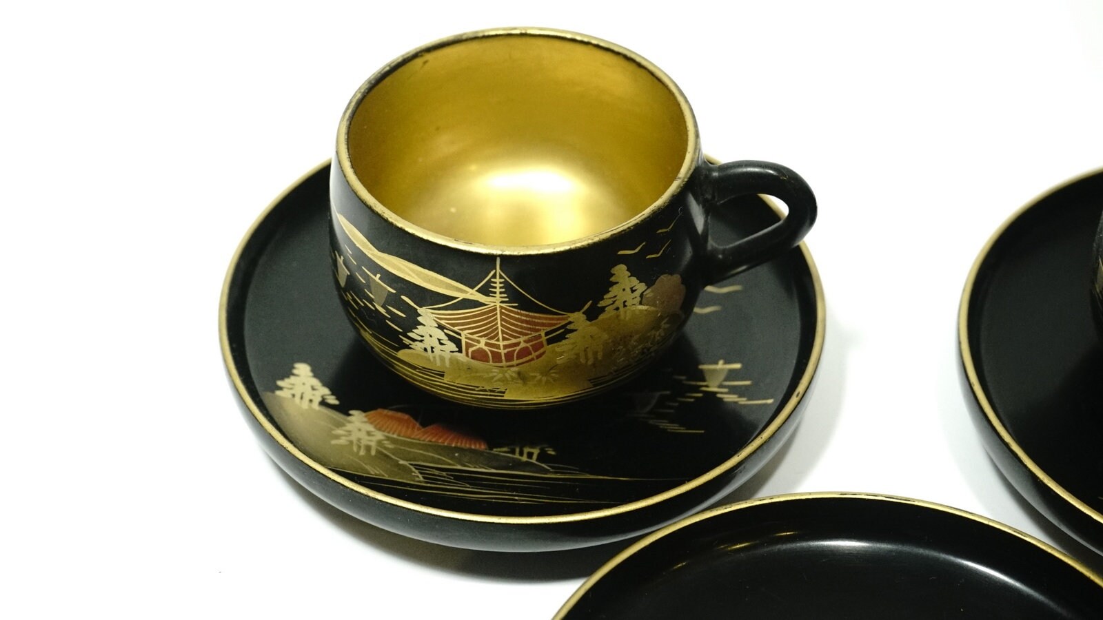 Vintage Japanese Fine Lacquerware Tea Set 3 Cups 6 Saucers Black ...