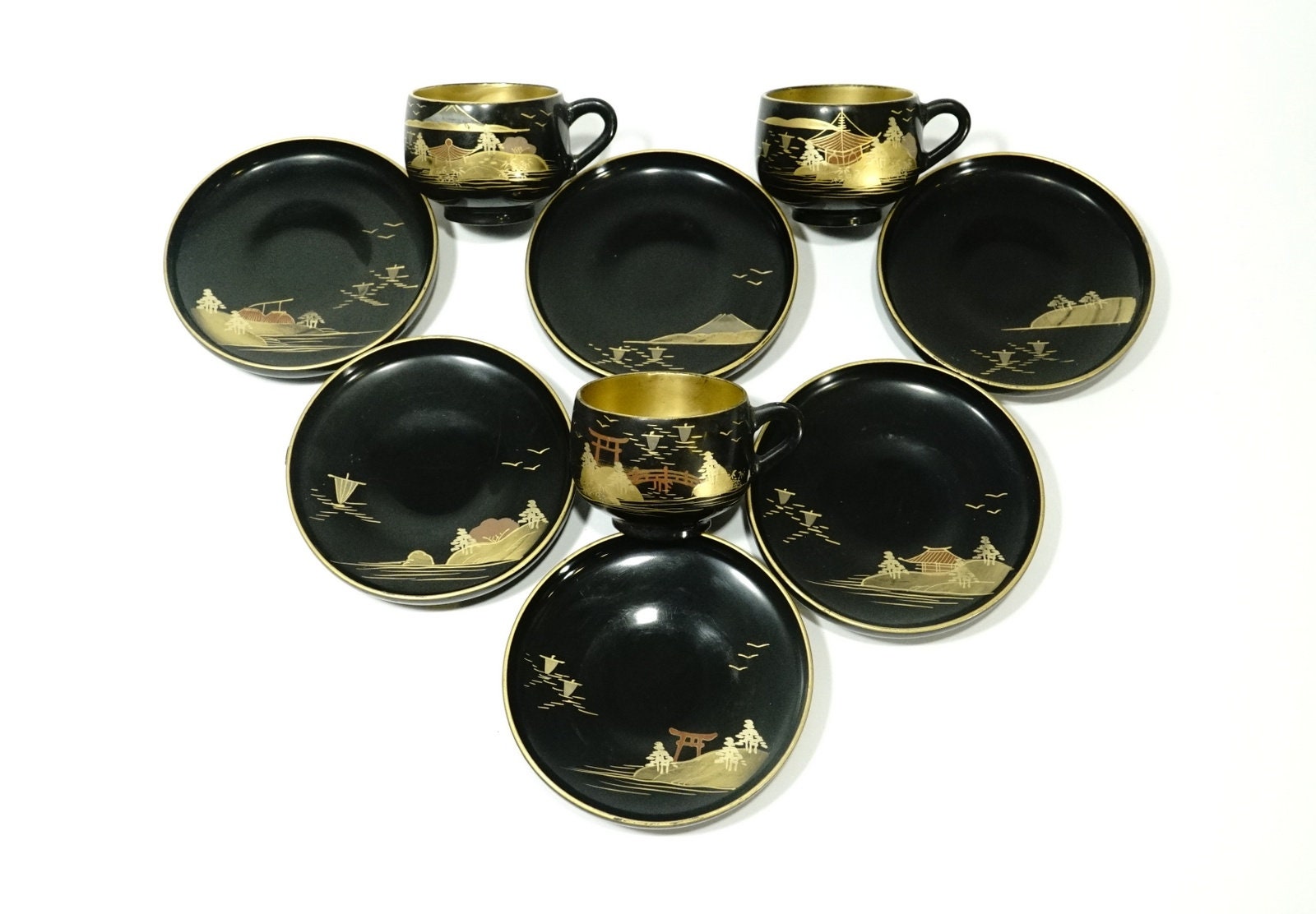 Vintage Japanese Fine Lacquerware Tea Set 3 Cups 6 Saucers Black ...