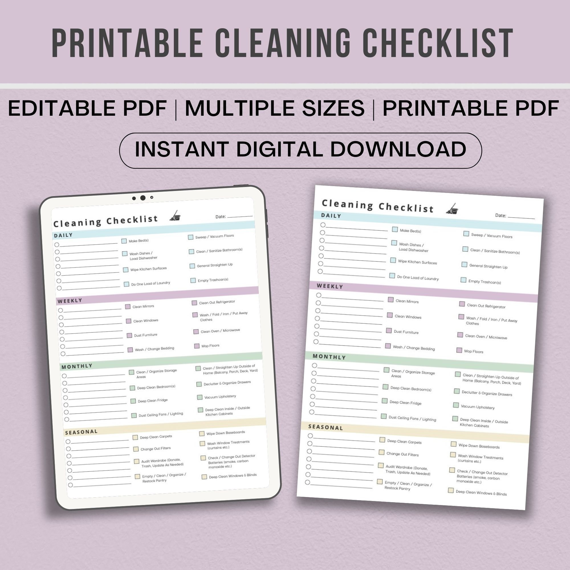 Printable & Editable Cleaning Checklist, Cleaning Template, Cleaning ...
