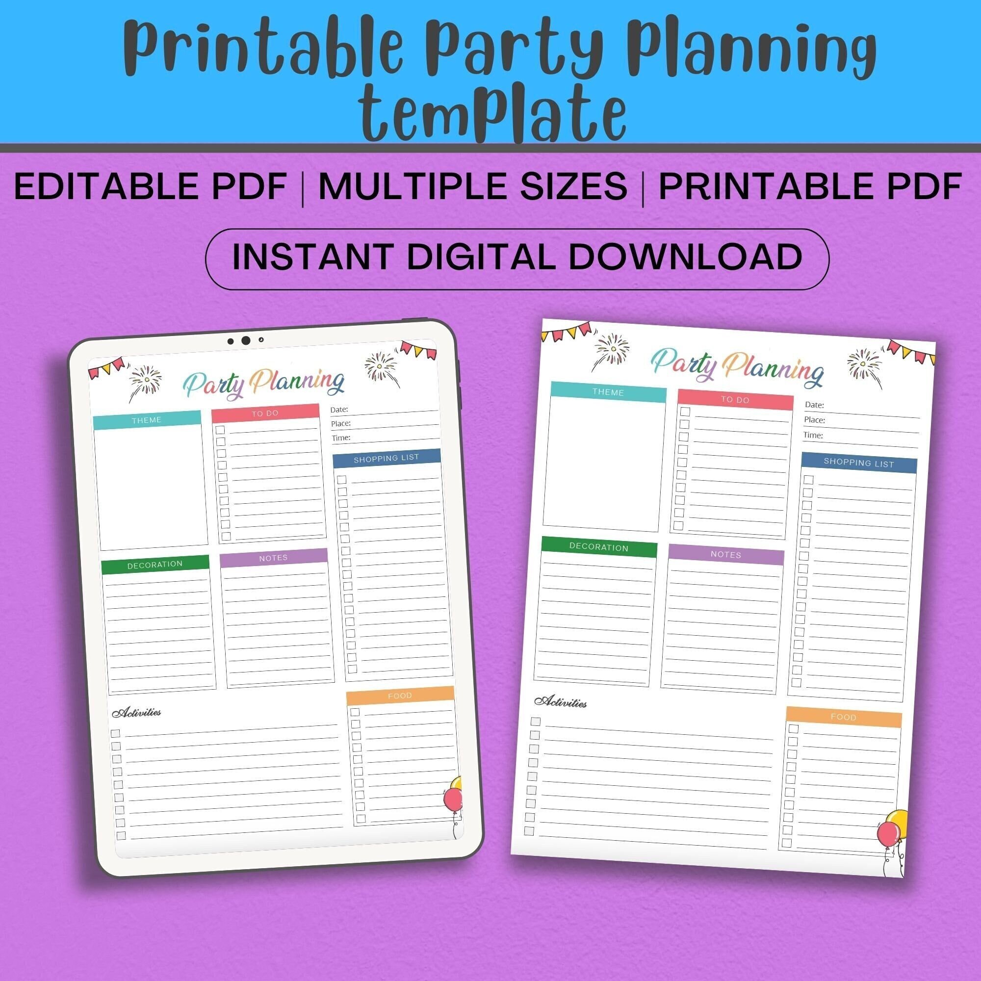 Printable & Editable Party Template, Party Planning Template, Party ...
