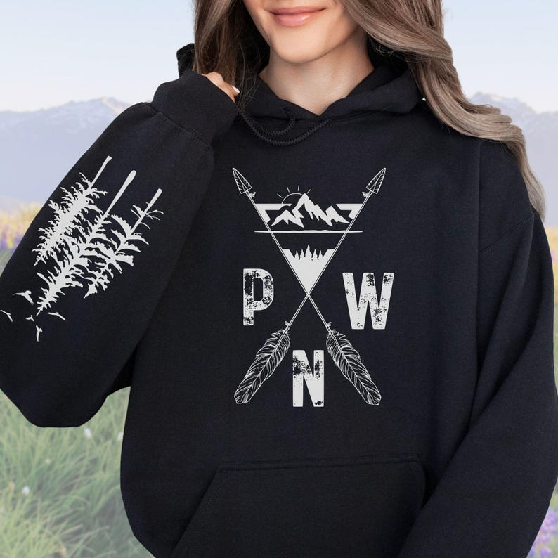 PNW Arrows and Mountains Hoodie Pine Tree Sleeve Design, Pacific ...