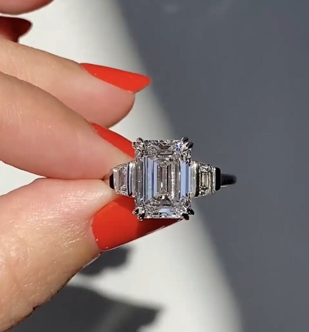 4CT Emerald Cut Moissanite Engagement Ring, Three Stone Wedding Bridal Ring, Double Claw Prong ...