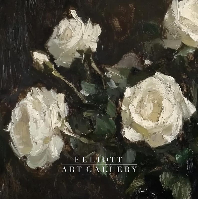 Muted White Roses Oil Painting | Vintage Floral Still Life Print ...