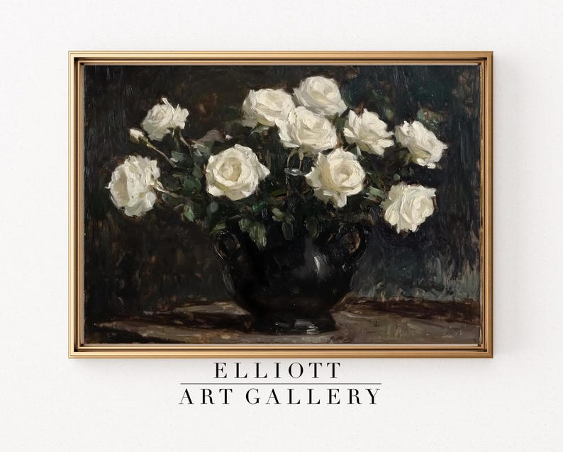 Muted White Roses Oil Painting | Vintage Floral Still Life Print ...