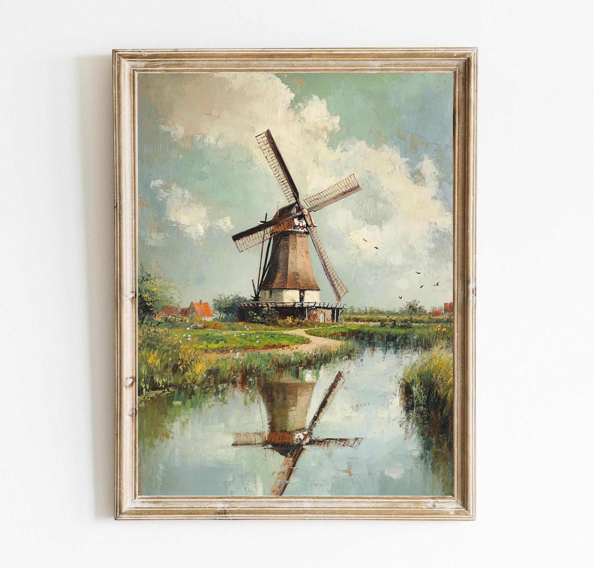Amsterdam Windmill | Vintage Dutch Landscape Painting | Dutch Country ...