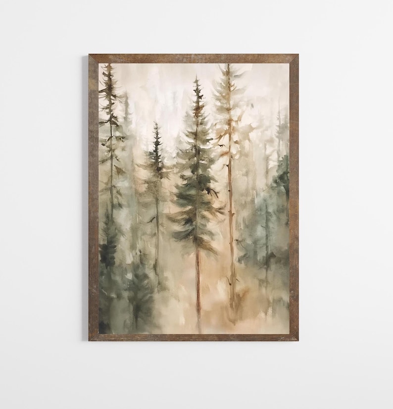 Vintage Pine Forest Watercolor Painting | Pine Tree Wall Art | Moody ...