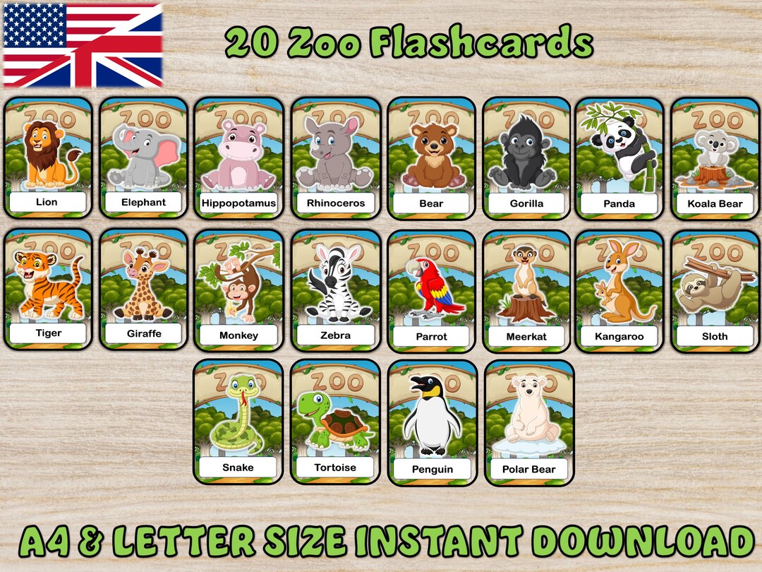 At the Zoo Flashcards English A4 & US Letter Size PDF Download - Etsy