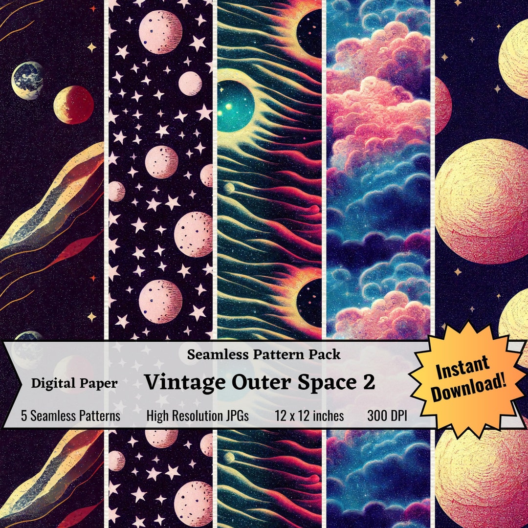 Vintage Outer Space Digital Paper, Classic Outer Space Patterns, Retro ...