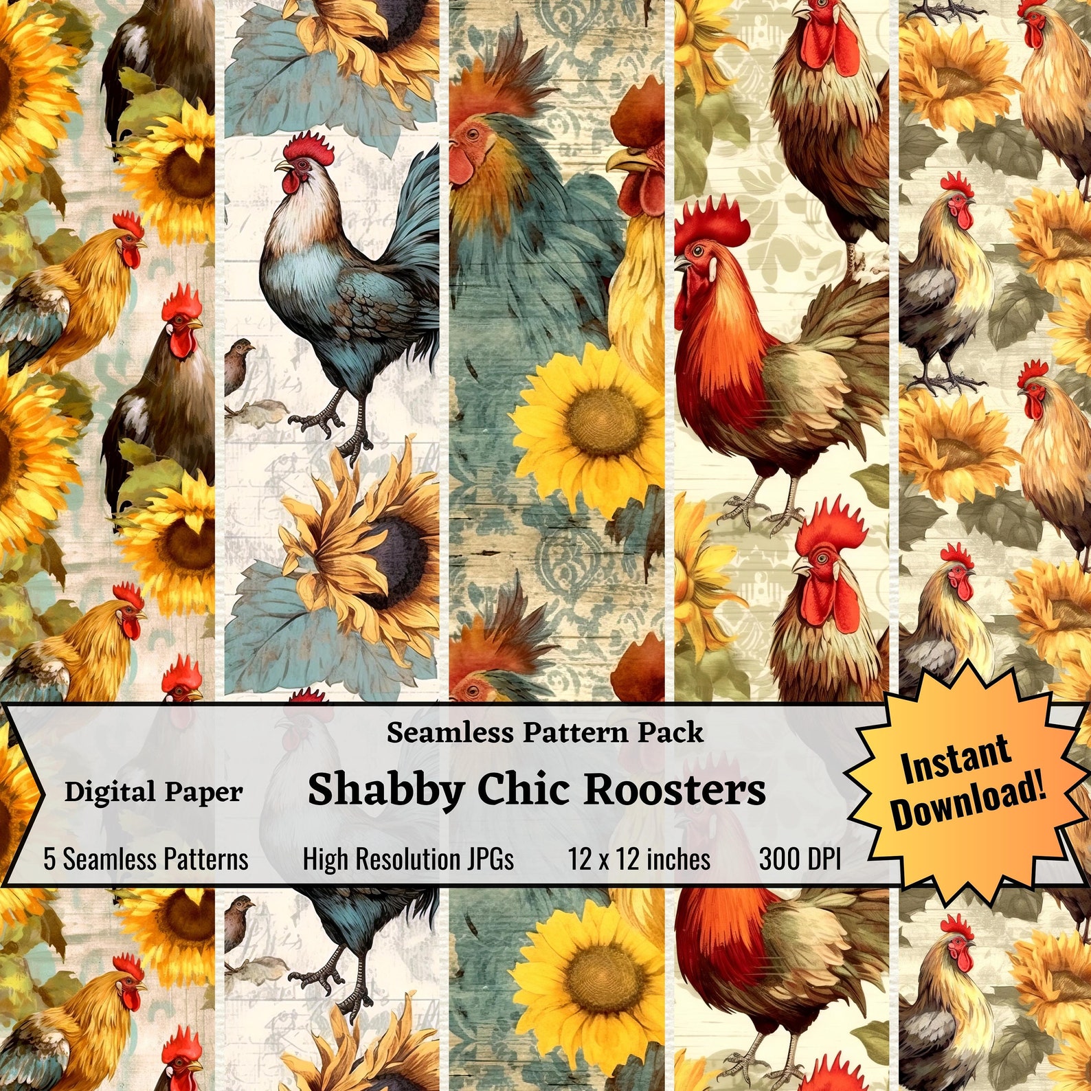 Vintage Chic Rooster Patterns, Seamless Chic Rooster Patterns, Vintage ...