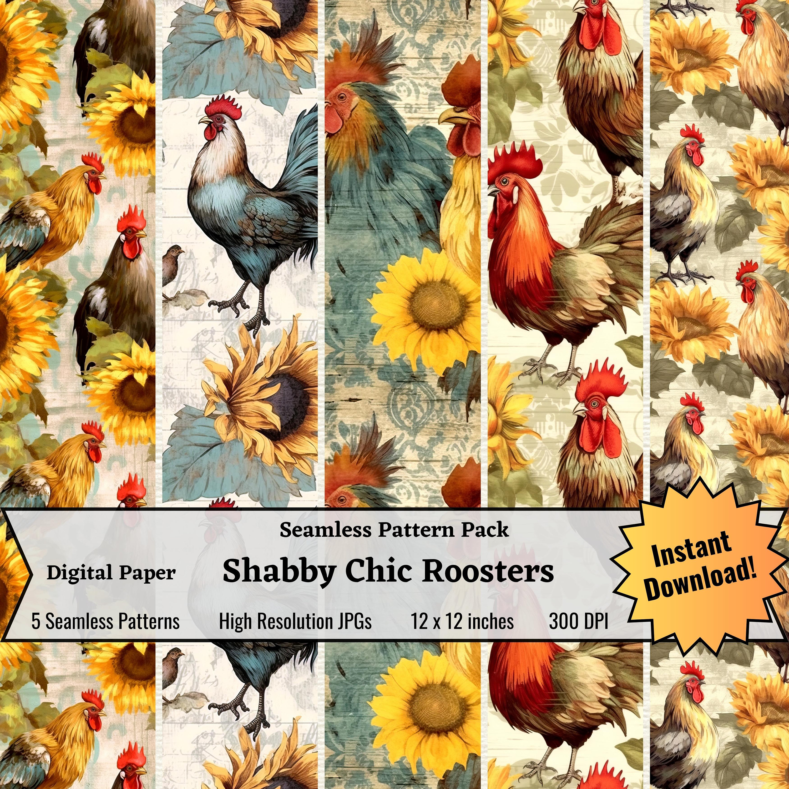 Vintage Chic Rooster Patterns, Seamless Chic Rooster Patterns, Vintage ...