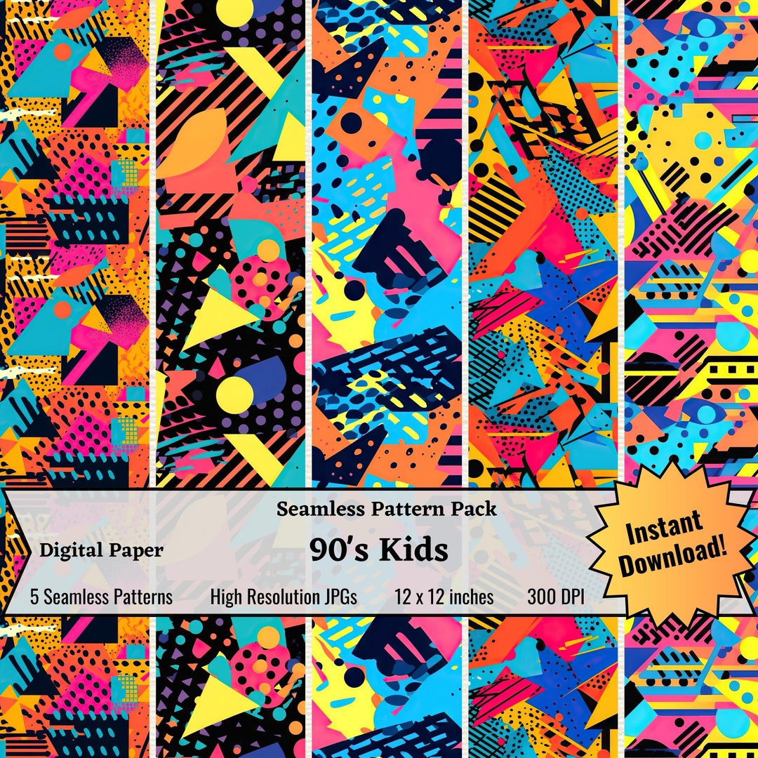 90s Digital Paper, Seamless 90s Patterns, Colorful Abstract 90s Patterns, 1990s Patterns, Saved ...