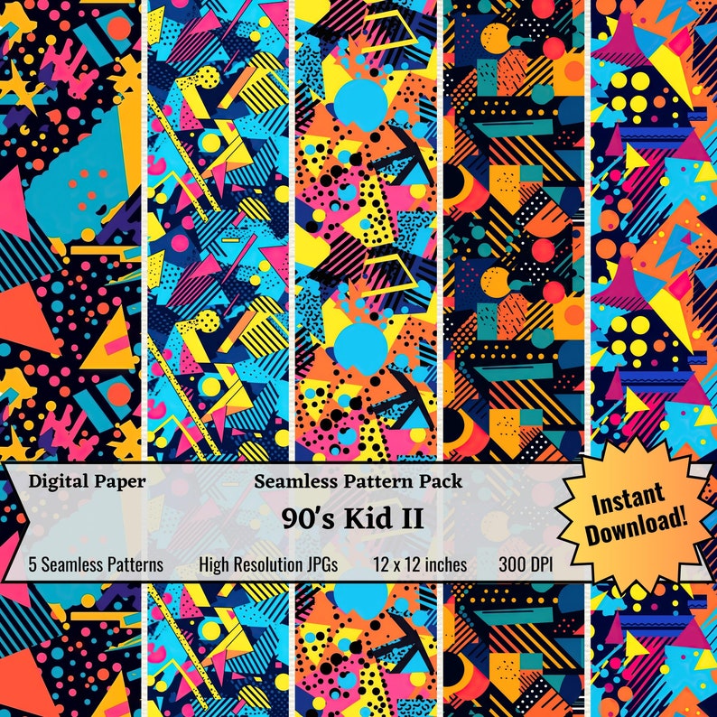 90s Kid Digital Paper, Seamless 90s Patterns, Colorful Abstract 90s ...