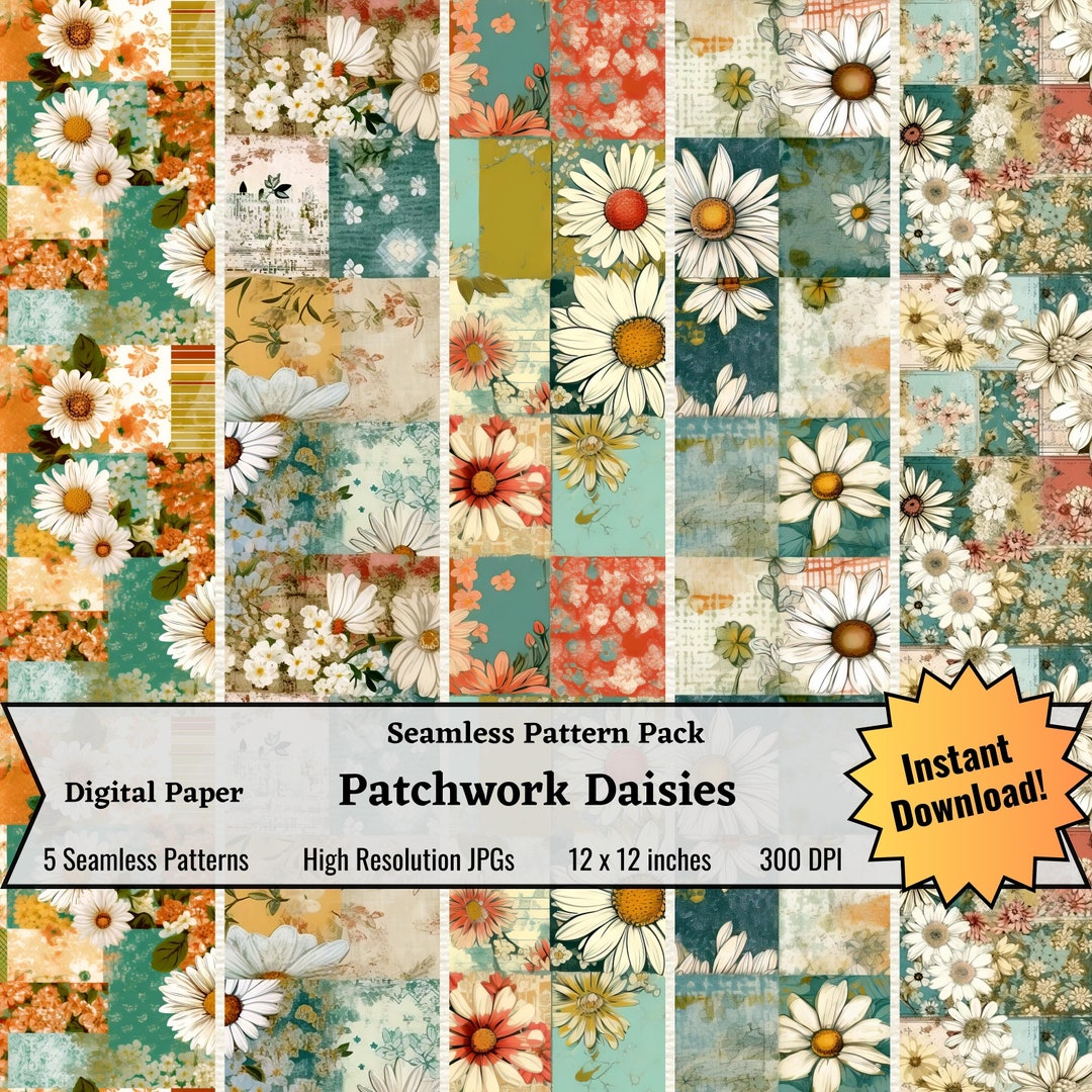 Patchwork Daisies Digital Paper, Patchwork Daisies Pattern, Daisies ...